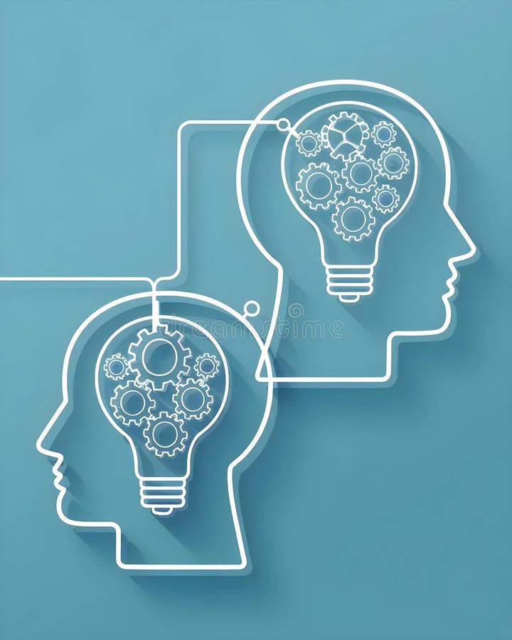 Two Outlined Human Heads in Profile, Each Containing a Lightbulb with ...