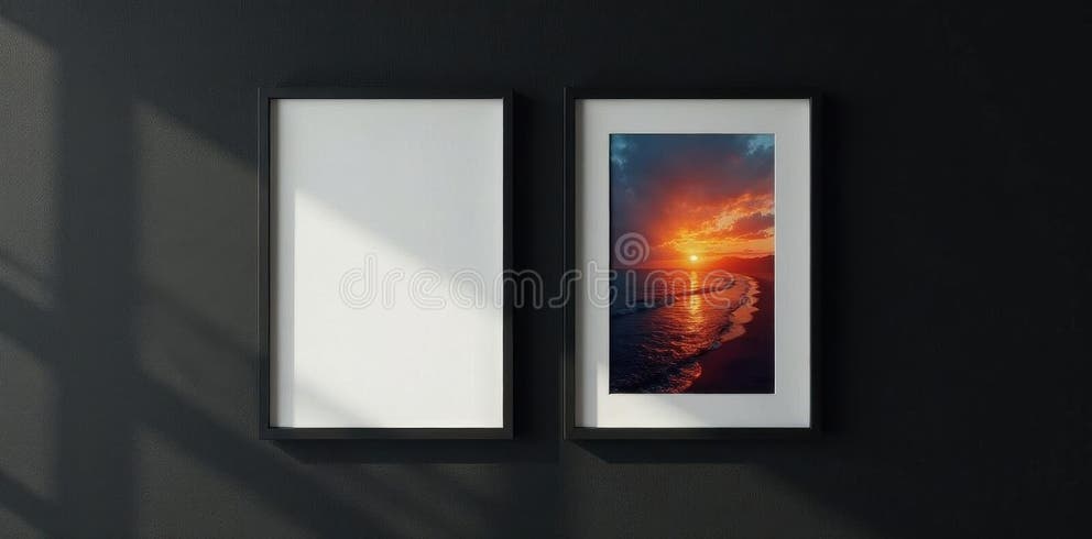 Two Overlapping Black Picture Frames on a Black Wall , Wall, Decor ...