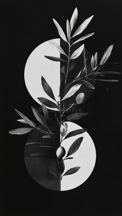 Two Overlapping Circles and Fine Botanical Elements on a Dark ...