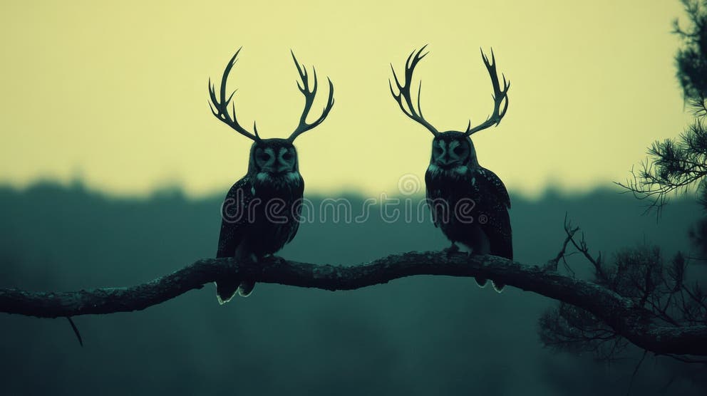 Two Owls with Antlers Perched on a Branch at Dusk Stock Image - Image ...