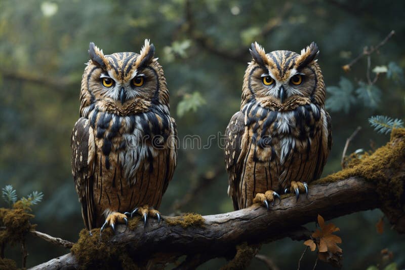 Two Owls on a Branch. Ai Generator Stock Illustration - Illustration of ...