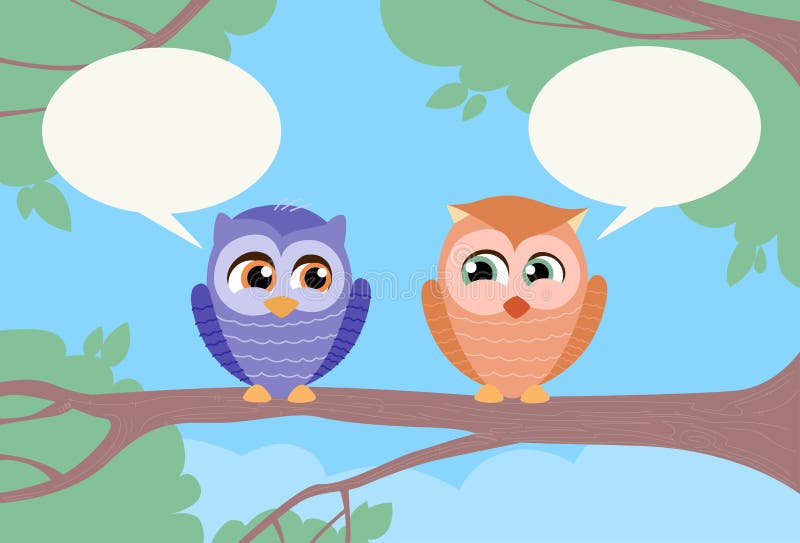 Two Owls Chat Communication Sitting on Branch Stock Vector ...