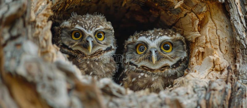 Two Owls Nesting in Tree Hollow Stock Image - Image of animal, wild ...