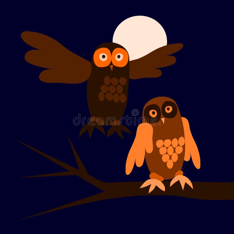 Two Owls in Night at Full Moon. Stock Vector - Illustration of cute ...