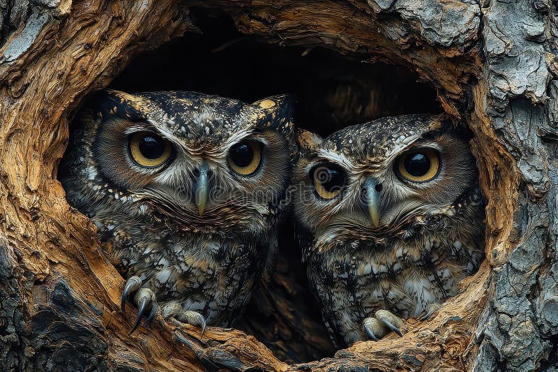 Two Owls Peeking from a Tree Hollow Stock Illustration - Illustration ...