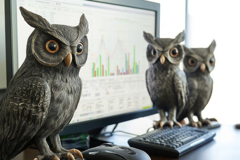 Two Owls Perched on a Desk Near a Computer, Great for Office or Study ...
