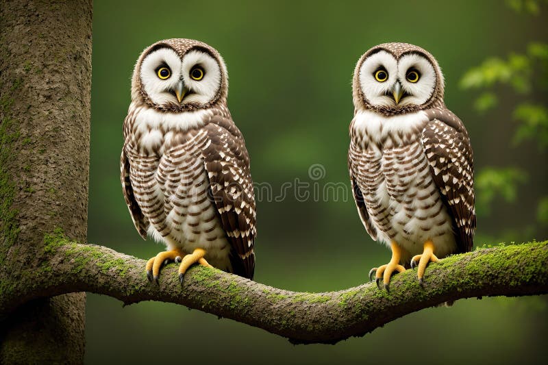 Two Owls Perched on a Tree Branch, Looking at Each Other. Stock Image ...