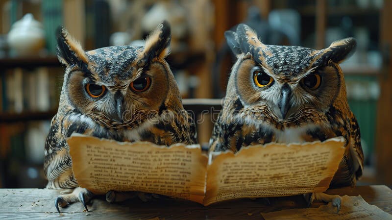 Two owls reading a book stock illustration. Illustration of vintage ...