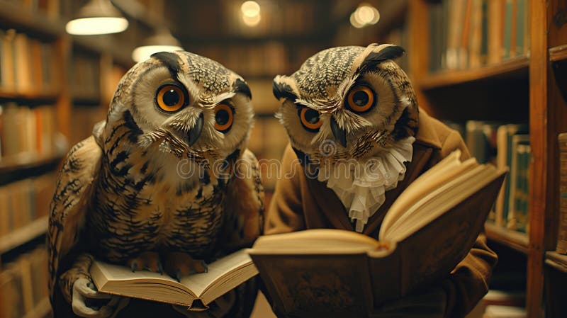 Two Owls Reading in a Library Stock Illustration - Illustration of ...