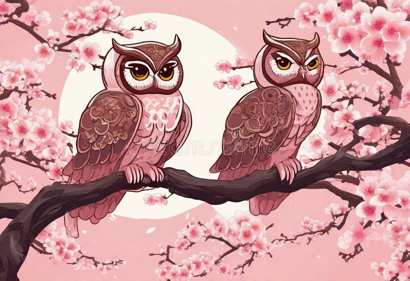 Two Owls Sitting on a Tree Branch in a Pink Background Stock ...