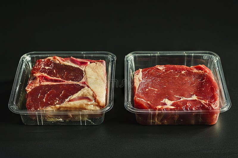 Two Packages of Raw Meat in Plastic Containers on a Black Surface Stock ...