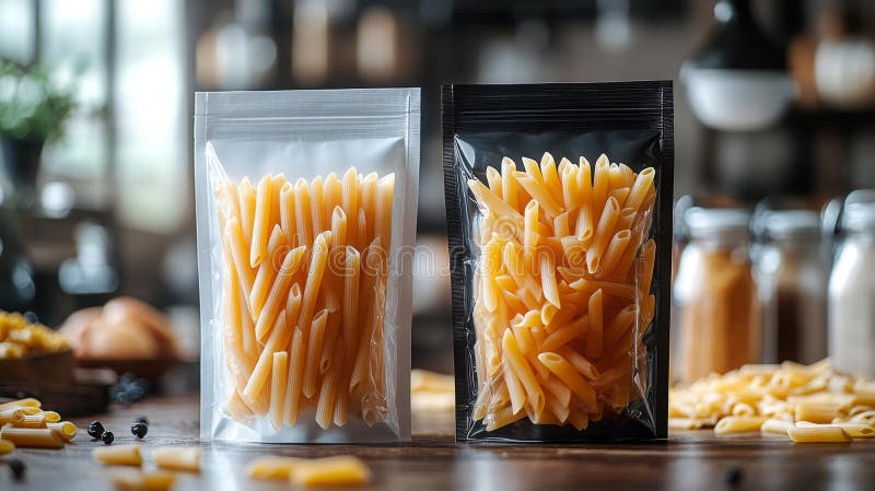 Two Packs of Penne Pasta in Clear and Black Packaging Generative AI ...