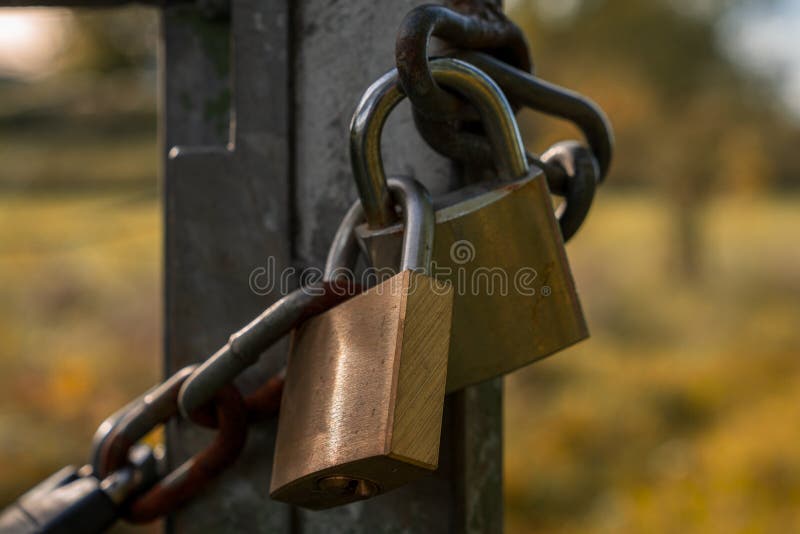 Two padlocks on a gate stock image. Image of padlock - 170076923