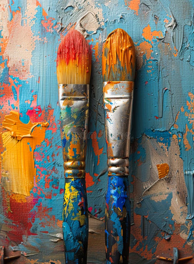 Two Paintbrushes are Lying on Wooden Table with Multi-colored Paint ...