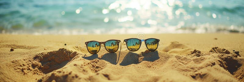 Two Pair of Sunglasses on Sandy Beach on Blue Ocean Background ...