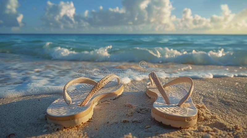 Two Pairs of Flip Flops on the Beach at Sunset Stock Photo - Image of ...