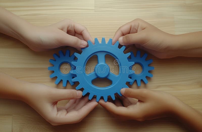 Engaging Teamwork with Blue Gears on a Wooden Surface during a ...