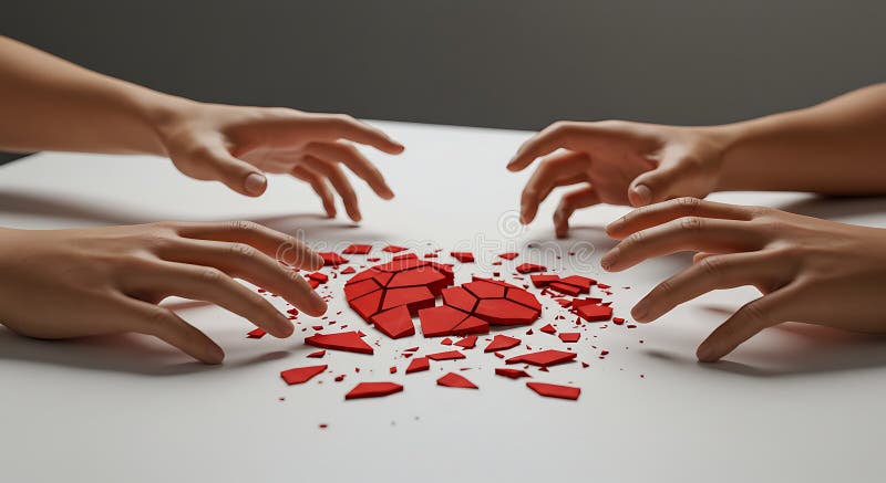 Reaching for Broken Heart Pieces with Human Hands Stock Illustration ...