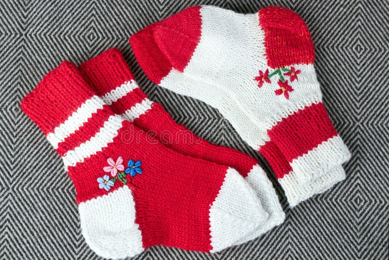 Clouseup Pair Wool Knitted Red and White Socks Stock Image - Image of ...