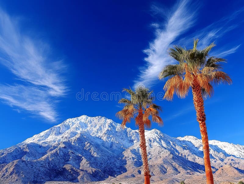 Two Palm Trees in Front of a Mountain Range with Snow Capped Mountains ...