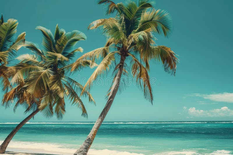 Two Palm Trees Stand on a Sandy Beach with the Ocean in the Background ...