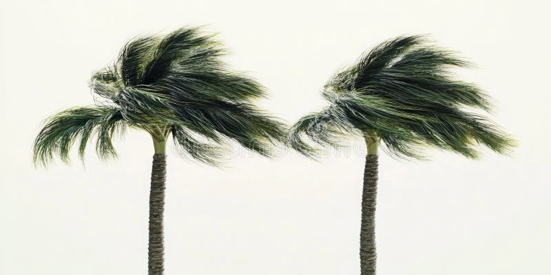 Two Palm Trees Swaying in a Gentle Breeze, with Blue Sky and Sea in the ...