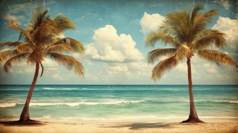Two Palm Trees on a Tropical Beach Vintage Photo Stock Illustration ...