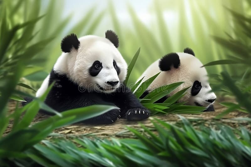 Two Panda Bears in the Leaves, Generative Ai Stock Illustration ...