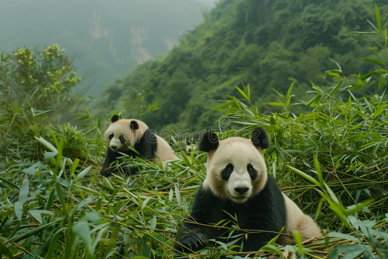 Two Panda Bears are Seated on Top of a Vibrant Green Hillside Stock ...