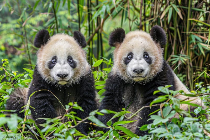 Two Panda Bears Sitting on a Tree Branch in a Lush Green Forest Stock ...