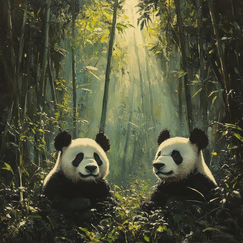 Two Pandas in a Bamboo Forest Stock Illustration - Illustration of ...
