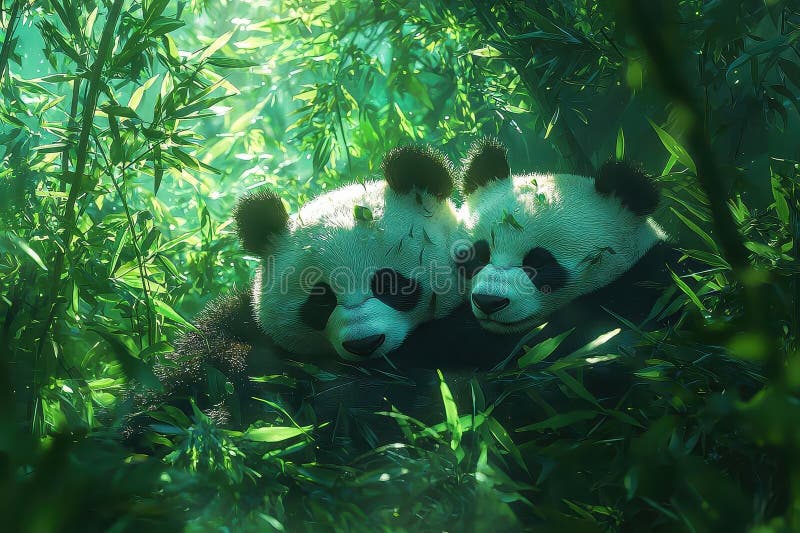 Two Pandas Huddled Together in Lush Green Foliage Stock Illustration ...