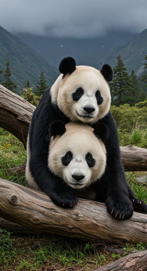 Two Pandas Hugging on a Log in Mountainous Habitat Stock Illustration ...