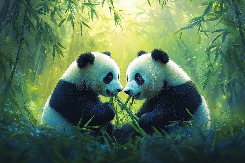 Two Pandas Sharing Bamboo in Lush Green Forest Stock Illustration ...