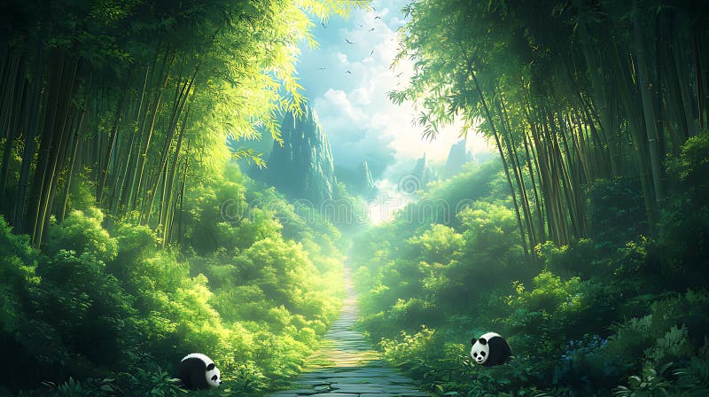 Two Pandas Walk a Path through a Dense Bamboo Forest, Sunlight Shines ...