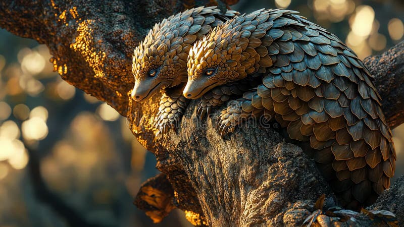 Pangolins Resting on a Tree Branch during Sunset in a Serene Forest ...