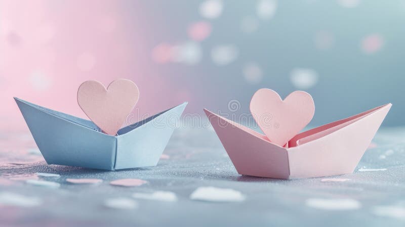 Two Paper Boats with Hearts Inside the Boat Stock Image - Image of blue ...