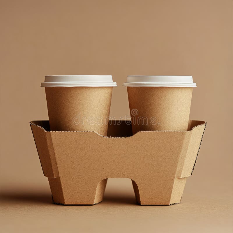 Two Paper Coffee Cups in a Cardboard Holder on a Brown Background ...