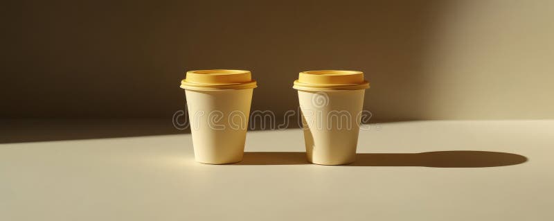 Two Paper Coffee Cups with Yellow Lids on a Sunlit Table, Minimalist ...