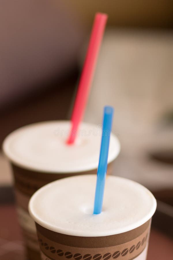 Two Paper Cups of Cappuccino with Straw Stock Photo - Image of drinking ...