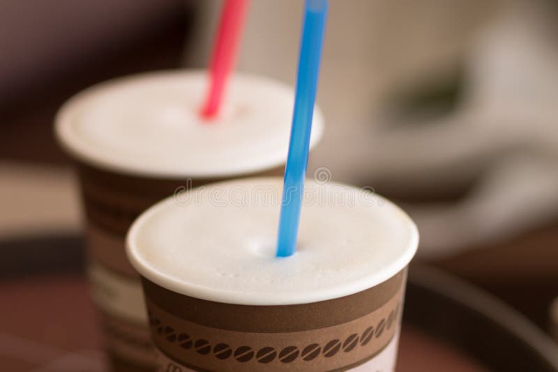 Two Paper Cups of Cappuccino with Straw Stock Image - Image of froth ...