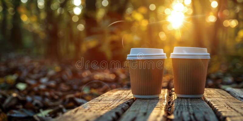 Two Paper Cups of Coffee Resting on a Wooden Bench in a Forest at ...