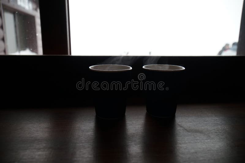 Two Paper Cups with Coffee on the Windowsill. Stock Image - Image of ...