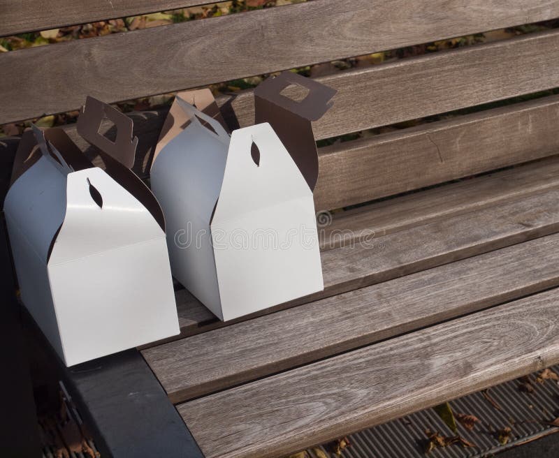Two Paper Lunchboxes stock photo. Image of carton, bench - 11561336