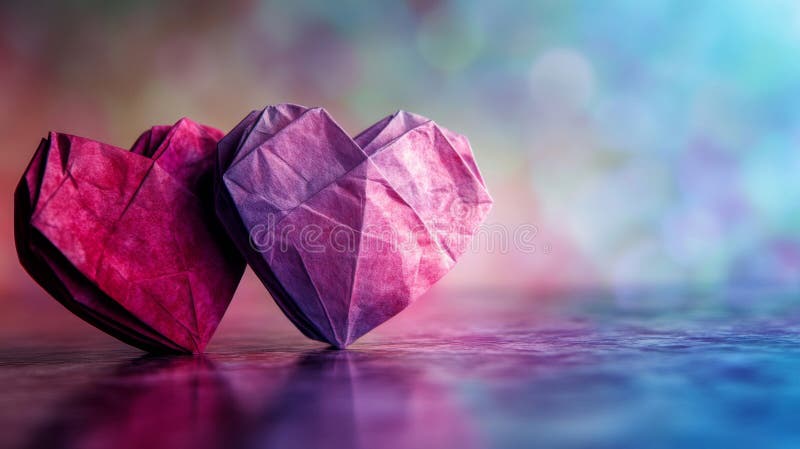 Two Paper Origami Hearts on a Reflective Surface Stock Illustration ...