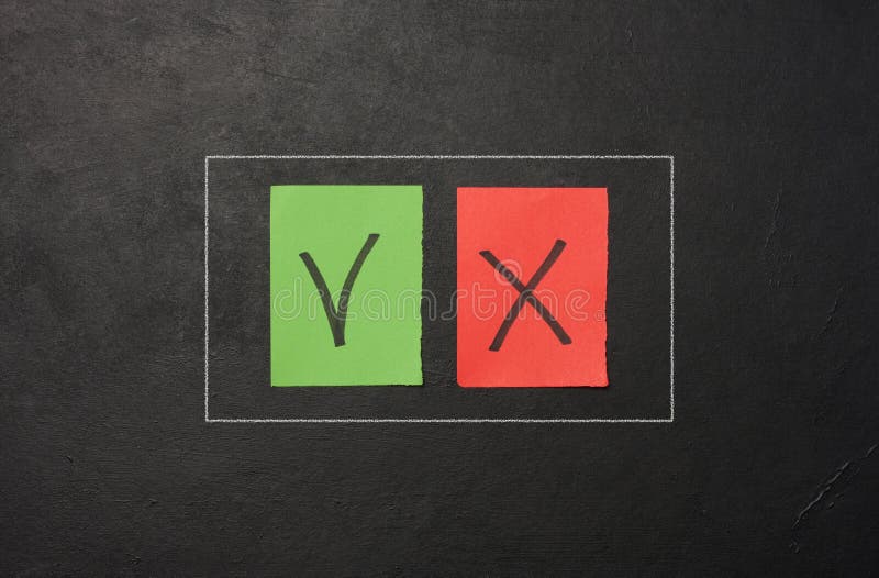 Two Paper Sheets with Drawn Check Mark and Cross Symbols, Representing ...