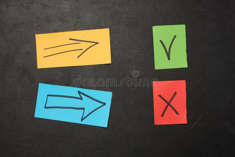 Two Paper Sheets with Drawn Check Mark and Cross Symbols, Representing ...