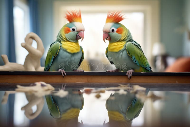 Two Parakeets at Opposite Ends of a Mirror Stock Image - Image of birds ...