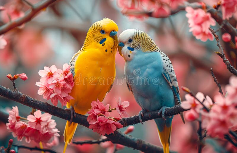 Two Parakeets are Perched on a Branch of Pink Flowers Stock Photo ...