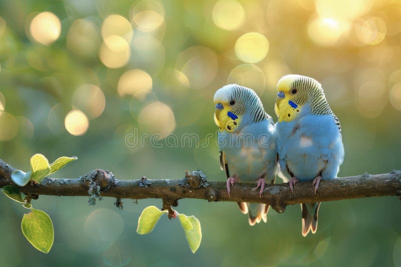 Two Parakeets Perched on a Branch in a Tree Stock Photo - Image of ...